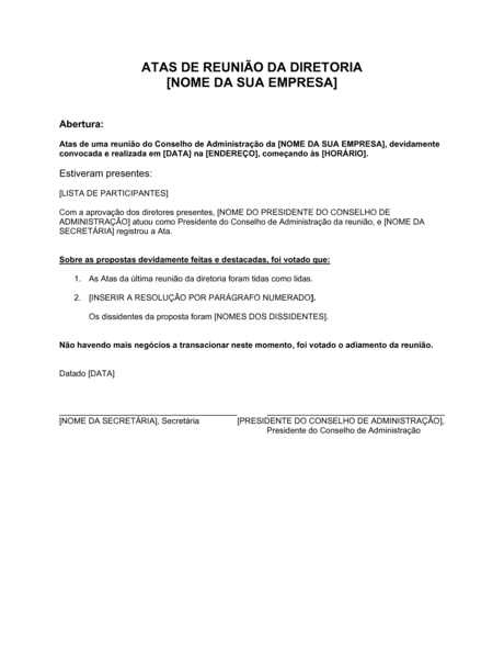 Ata De Reunião De Diretores Documentos E Formulários