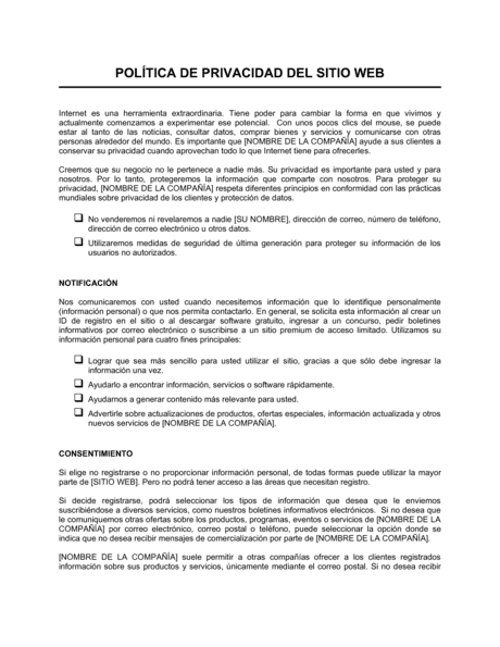 Política De Privacidad Del Sitio Web Modelos Y Ejemplo