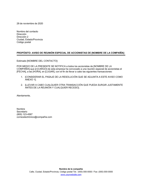Notificación de asamblea especial de los accionistas - Modelos y ... Notificación de asamblea especial de los accionistas - Modelos y ...