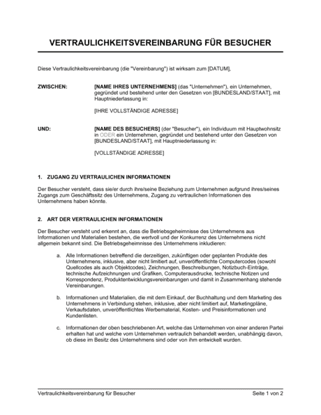 Vertraulichkeitsvereinbarung für Besucher - Vorlagen und Muster ... Vertraulichkeitsvereinbarung für Besucher - Vorlagen und Muster ...