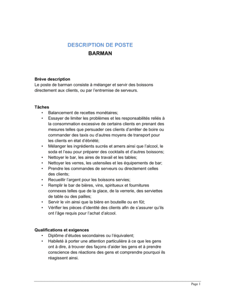 Barman Description de poste - Modèles & Exemples PDF | Biztree.com