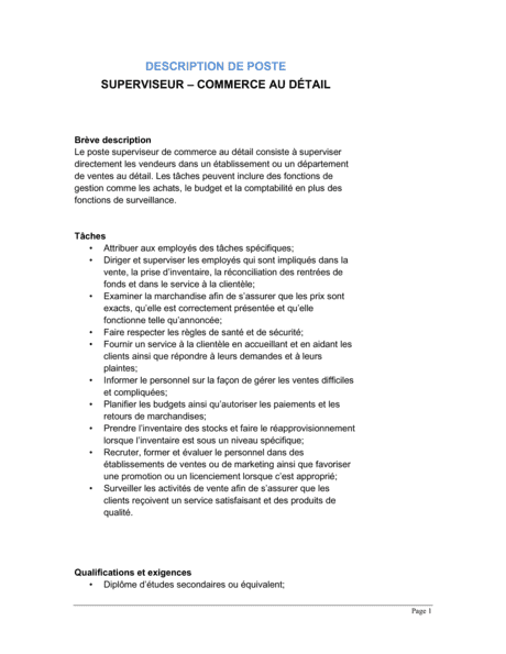 Superviseur commerce au détail Description de poste - Modèles & Exemples PDF | Biztree.com