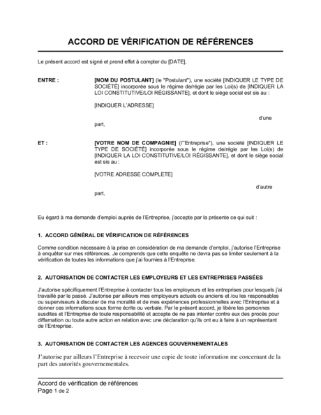 Accord de vérification de références - Modèles & Exemples PDF | Biztree.com