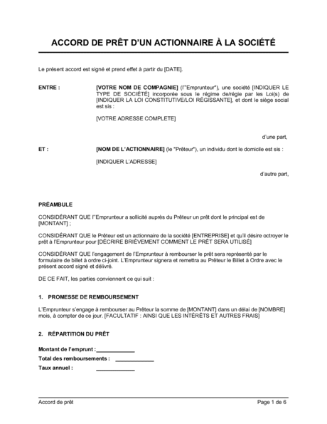 Accord de prêt d'un actionnaire - Modèles & Exemples PDF | Biztree.com