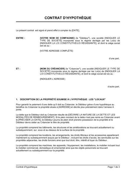 Contrat d'hypothèque - Modèles & Exemples PDF | Biztree.com
