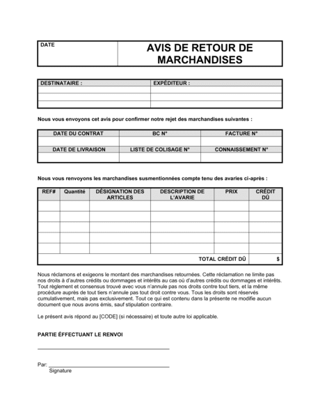 Avis de renvoi de marchandises - Modèles & Exemples PDF | Biztree.com
