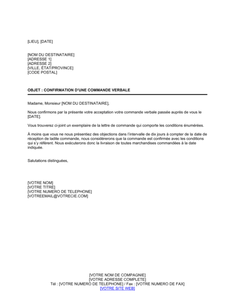 Confirmation d'une commande verbale - Modèles & Exemples PDF | Biztree.com