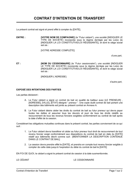 Contrat d'intention de transfert - Modèles & Exemples PDF | Biztree.com