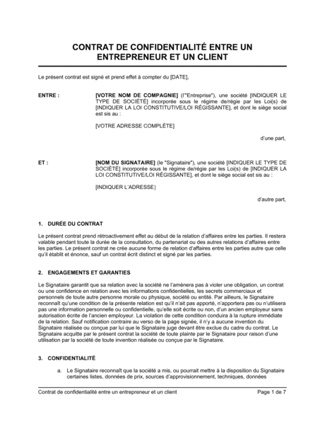 Contrat de confidentialité entre un client et un entepreneur - Modèles ...