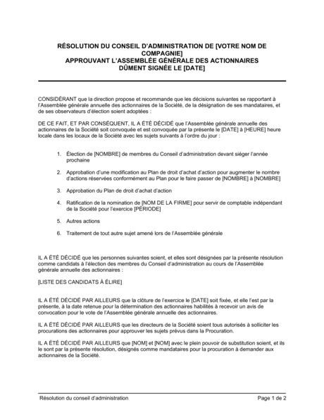 Résolution du CA approuvant l'assemblée générale - Modèles & Exemples ...