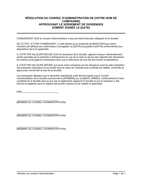Résolution du CA approuvant un dividende - Modèles & Exemples PDF ...
