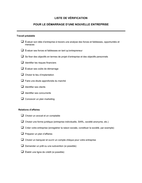 Liste de vérification Démarrage d'une entreprise - Modèles & Exemples ...