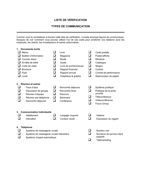 Liste de vérification Types de communication (marketing) - Modèles ...