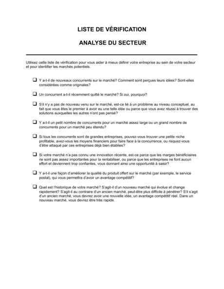 Liste de vérification Analyse du secteur - Modèles & Exemples PDF ...
