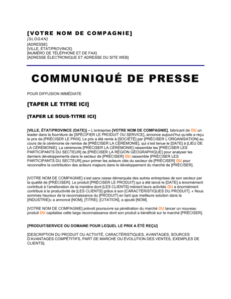 Communiqué de presse Obtention de prix - Modèles & Exemples PDF | Biztree.com