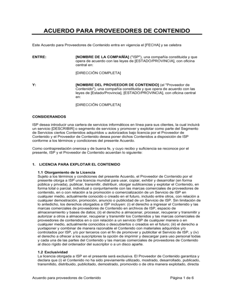 Acuerdo para proveedores de contenido - Modelos y Ejemplo | Biztree.com