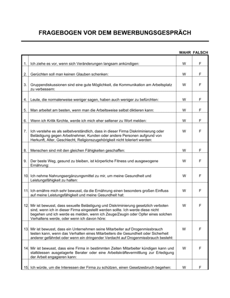 Fragenbogen vor dem Bewerbungsgespräch - Vorlagen und Muster | Biztree.com