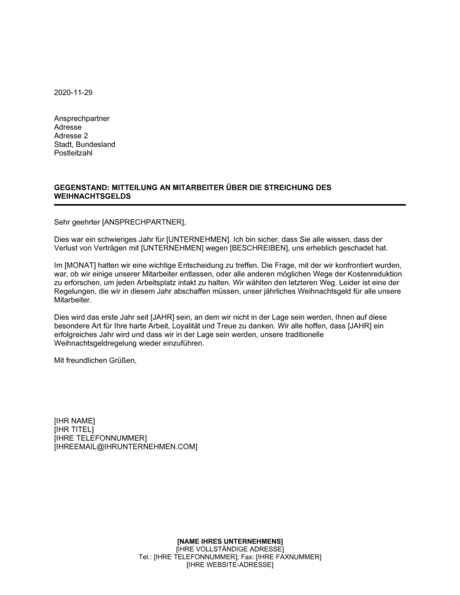 Mitteilung an Mitarbeiter über die Streichung des Weihnachtsgelds ...