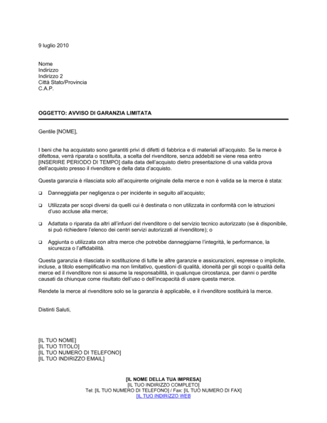 Avviso di garanzia limitata - Modelli e esempi di moduli | Biztree.com